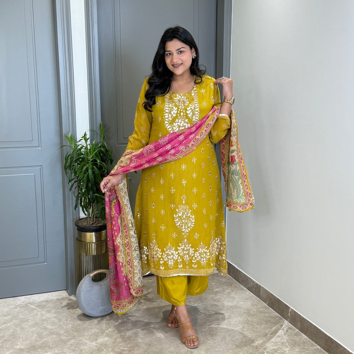 Mustard Tissue Suit Set – shrisa.in
